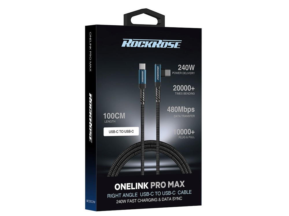 Rockrose OneLink Pro Max 240W Right Angle USB-C to USB-C Nylon Braided ...